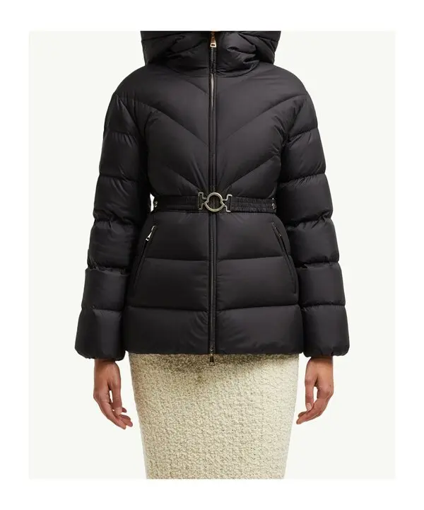 Moncler Diagonal-quilted Hooded Short Down Jacket With Logo Buckle Belt