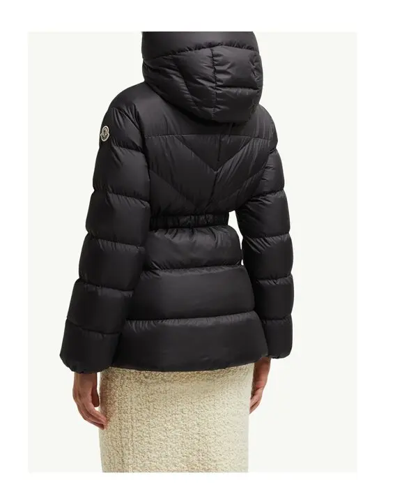 Moncler Diagonal-quilted Hooded Short Down Jacket With Logo Buckle Belt