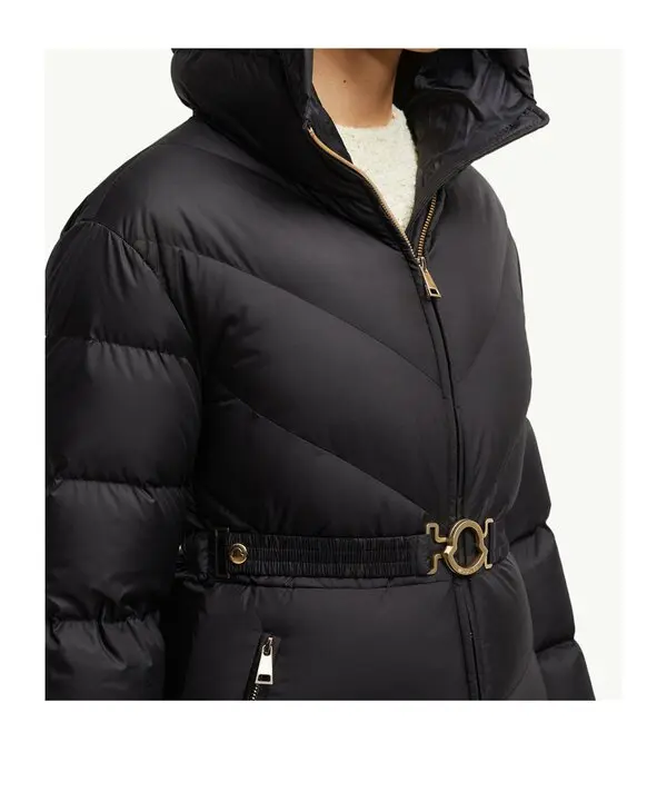 Moncler Diagonal-quilted Hooded Short Down Jacket With Logo Buckle Belt