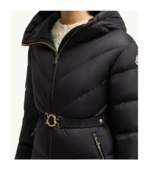Moncler Diagonal-quilted Hooded Short Down Jacket With Logo Buckle Belt