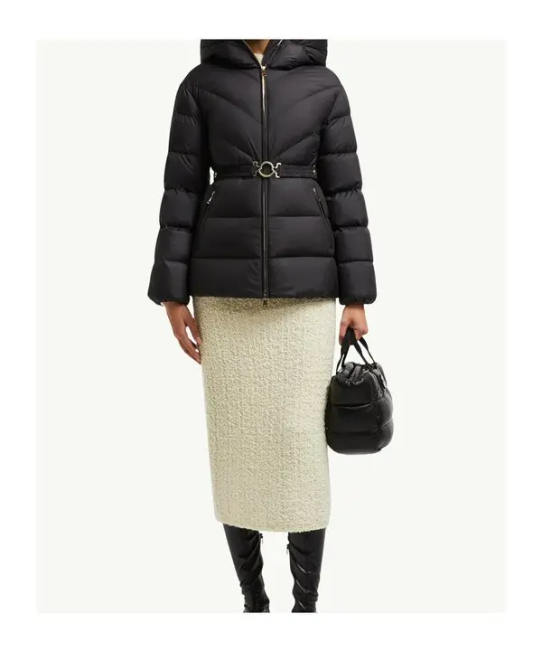 Moncler Diagonal-quilted Hooded Short Down Jacket With Logo Buckle Belt