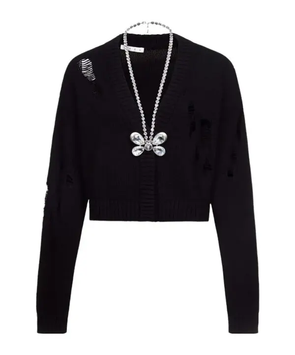AREA Butterfly Embellished Cropped Cardigan - Black