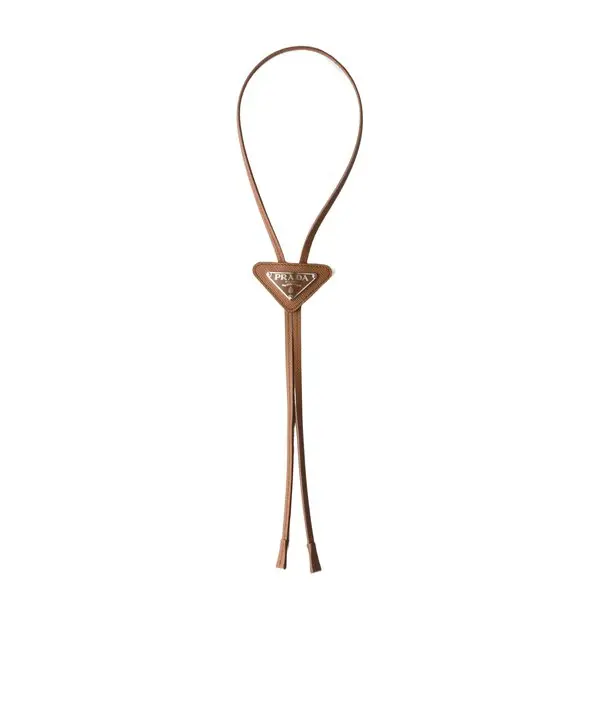 Prada Saffiano Leather Bolo Tie With Enameled Triangle Logo - Camel