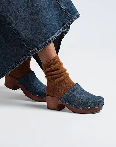 Chloé Denim Patchwork Wooden Sole Clogs