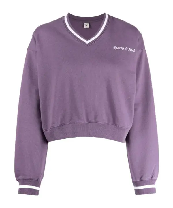 SPORTY  RICH Sporty & Rich Embroidered Logo V-neck Cropped Sweatshirt