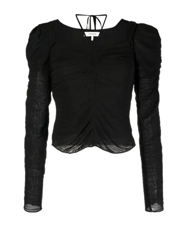FRAME Gathered Keyhole Tie-neck Puff Sleeve Top - Black