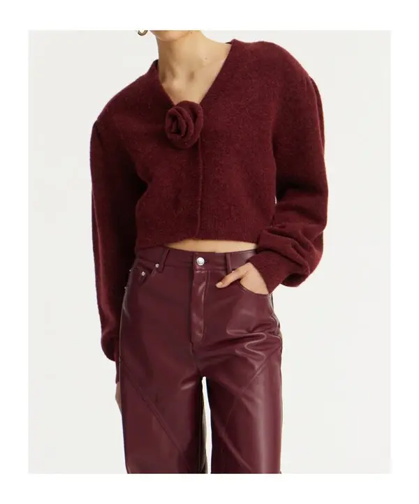 ROTATE BY BIRGER CHRISTENSEN Knitted Puff Sleeve Cardigan With Rosette Detail