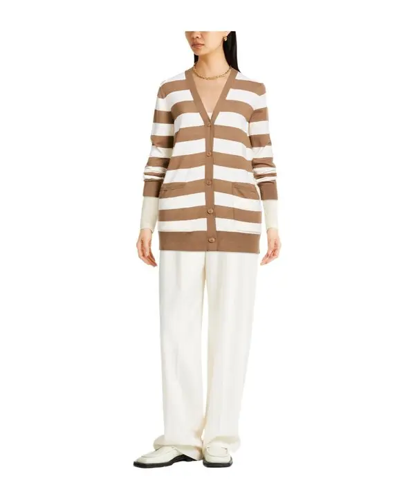 Max Mara Striped Wool V-neck Cardigan With Velvet Trim