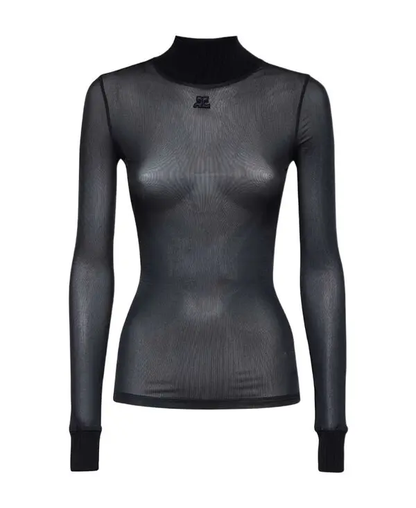 COURREGES Logo Patch High Neck Long Sleeve Top - Black