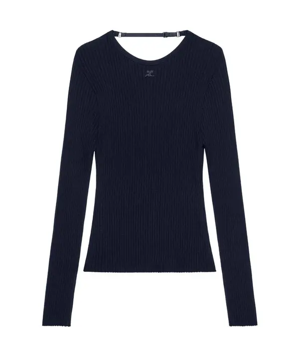 COURREGES Ribbed-knit Jumper With Lingerie Detail - Navy Blue