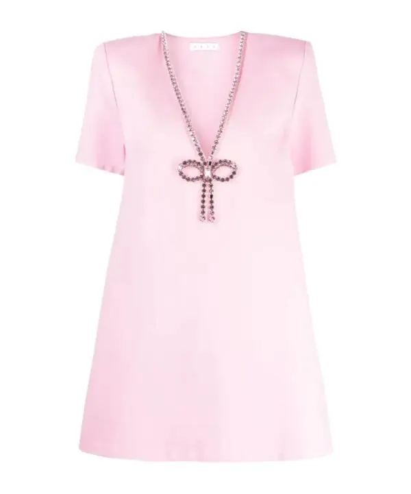 AREA Crystal Bow V-neck Minidress