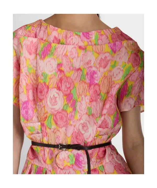 Prada Floral Print Boatneck Short Sleeve Dress