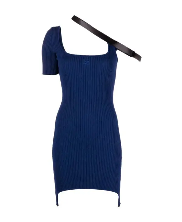 COURREGES Ribbed-knit Single-sleeve Dress With Square Neck