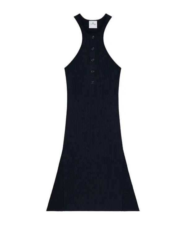 COURREGES Rib Knit Round Neck Sleeveless Midi Dress With Vertical Buttons
