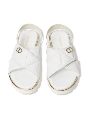 TWINSET Leather Slingback Sandals With Gold Tone Logo Plaque