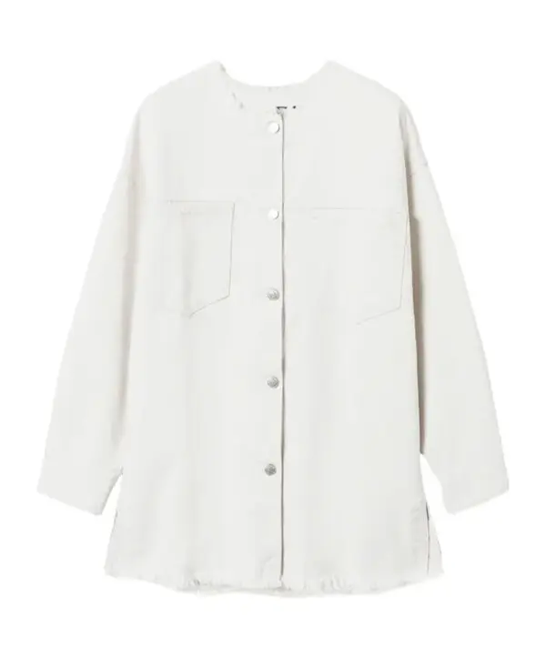 TWINSET Organic Cotton Stand Collar Jacket With Frayed Edges And Button Details - White