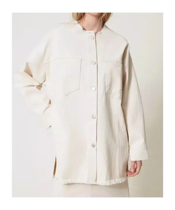 TWINSET Organic Cotton Stand Collar Jacket With Frayed Edges And Button Details - White