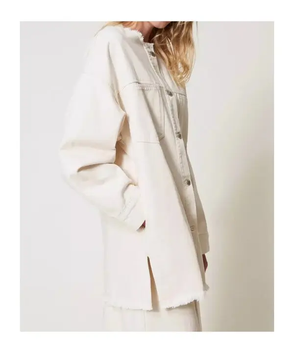 TWINSET Organic Cotton Stand Collar Jacket With Frayed Edges And Button Details - White