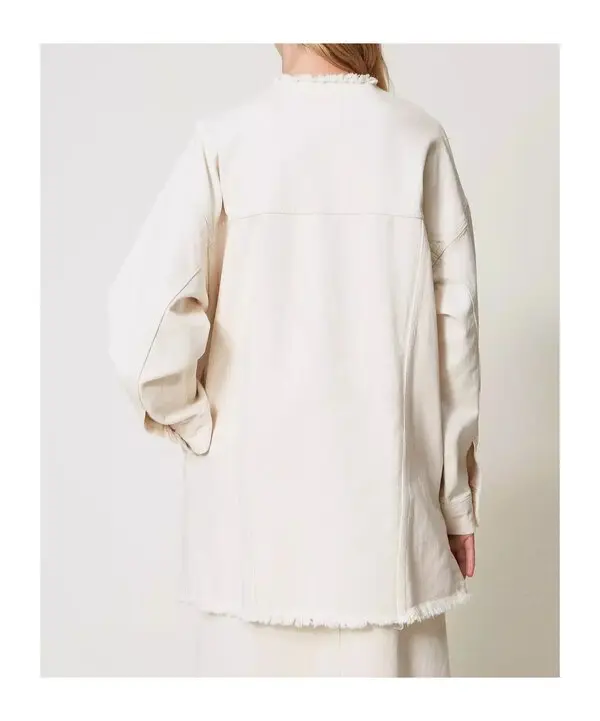 TWINSET Organic Cotton Stand Collar Jacket With Frayed Edges And Button Details - White