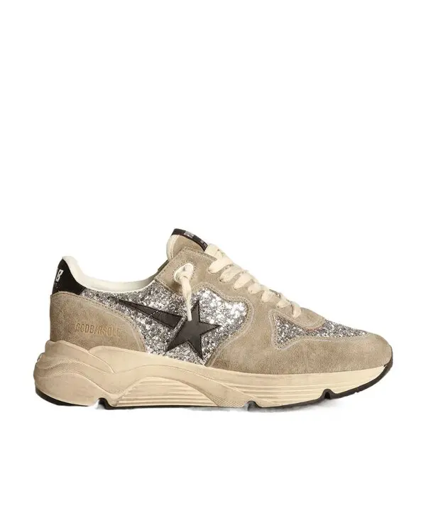 GOLDEN GOOSE Running Sole Sneakers In Silver Glitter And Dove-gray Suede With Black Leather Star - Nude