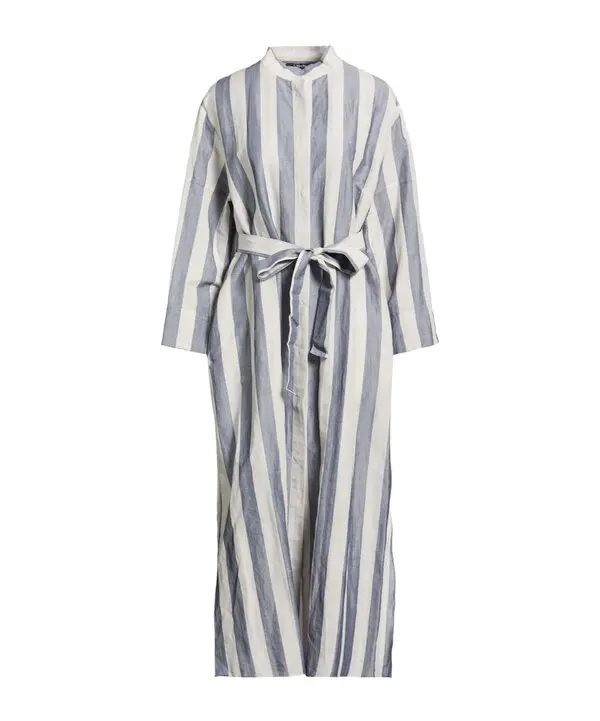 Max Mara Striped Mandarin Collar Long Sleeve Belted Dress