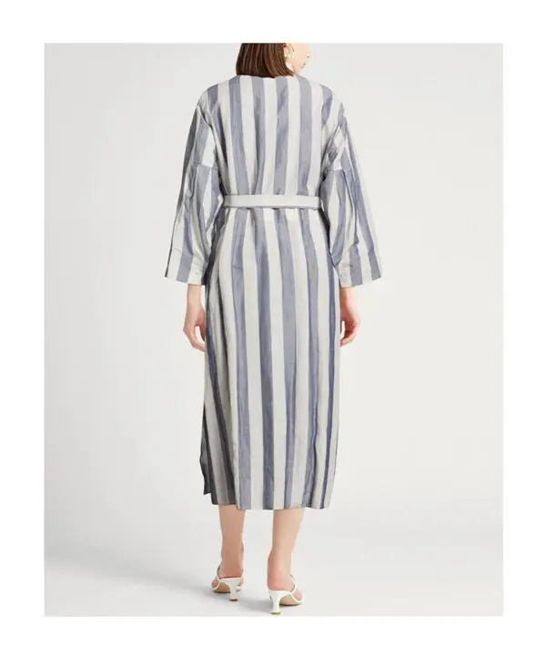 Max Mara Striped Mandarin Collar Long Sleeve Belted Dress