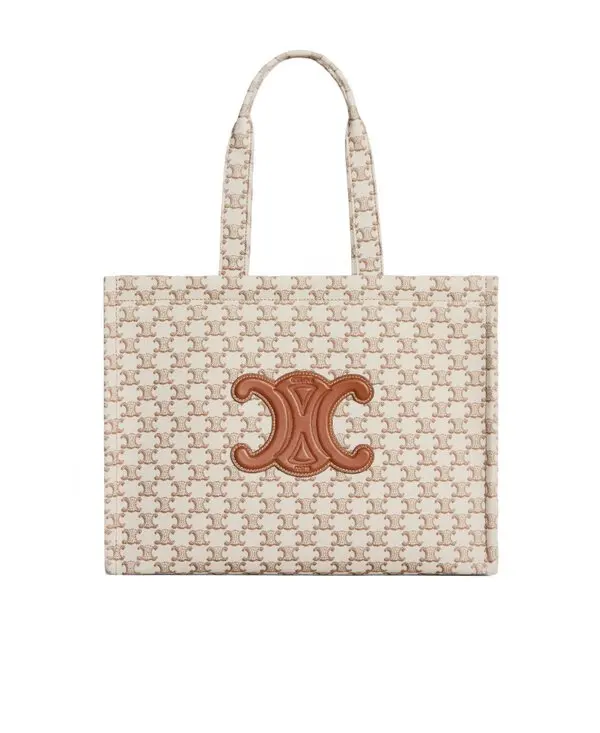 Celine Large Cabas Thais Textile And Calfskin Tote With Triomphe Canvas Print - White