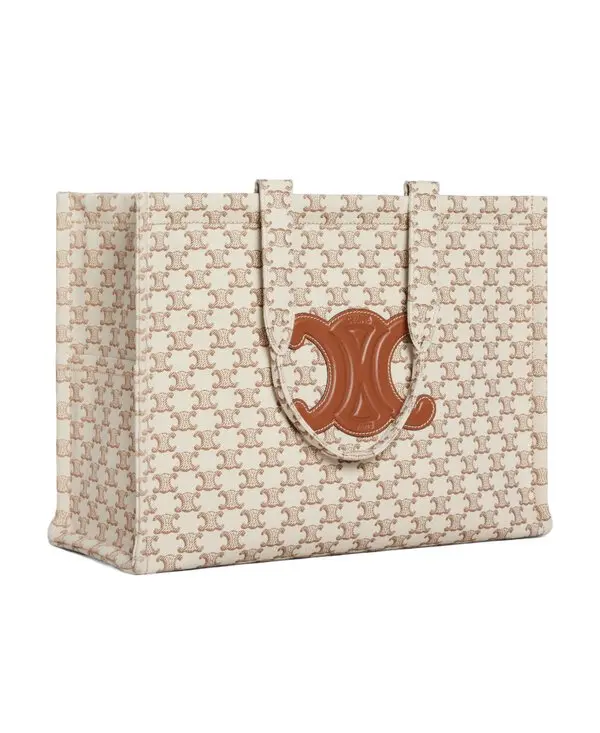 Celine Large Cabas Thais Textile And Calfskin Tote With Triomphe Canvas Print - White