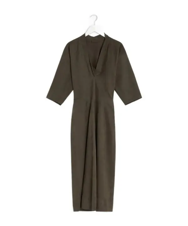 LEMAIRE V-neck Three-quarter Sleeve Midi Dress - Deep Khaki