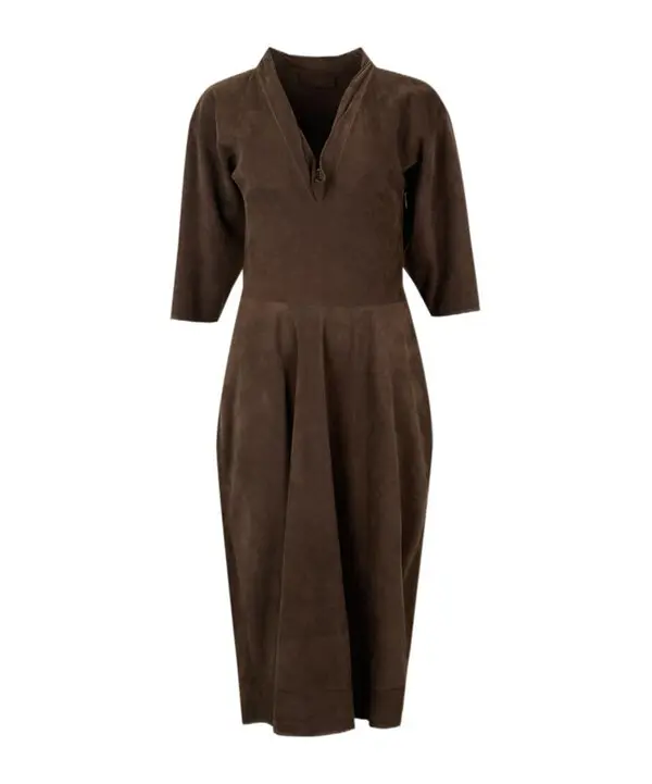 LEMAIRE V-neck Three-quarter Sleeve Midi Dress - Deep Khaki
