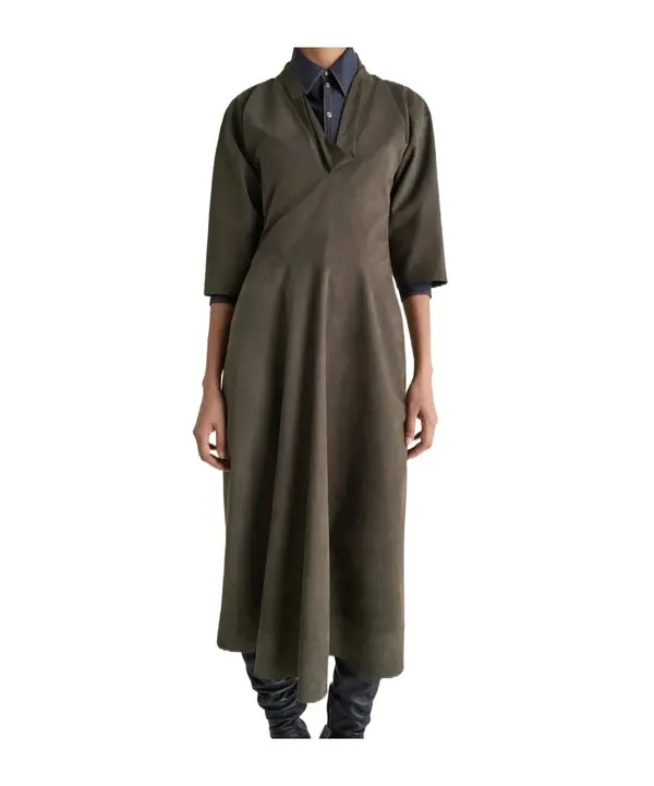 LEMAIRE V-neck Three-quarter Sleeve Midi Dress - Deep Khaki