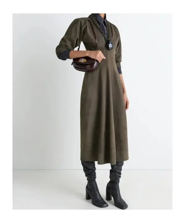 LEMAIRE V-neck Three-quarter Sleeve Midi Dress - Deep Khaki