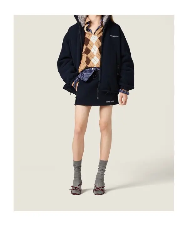 Miu Miu Fleece Down Jacket With Embroidered Logo - Navy Blue