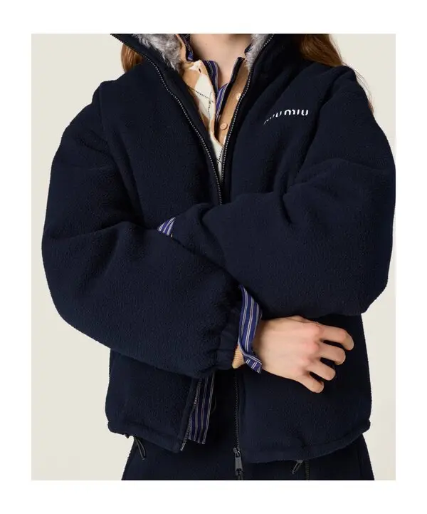 Miu Miu Fleece Down Jacket With Embroidered Logo - Navy Blue