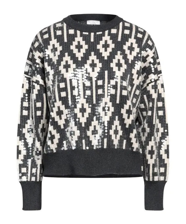 Brunello Cucinelli Geometric Jacquard Sequin Crewneck Knit Sweater