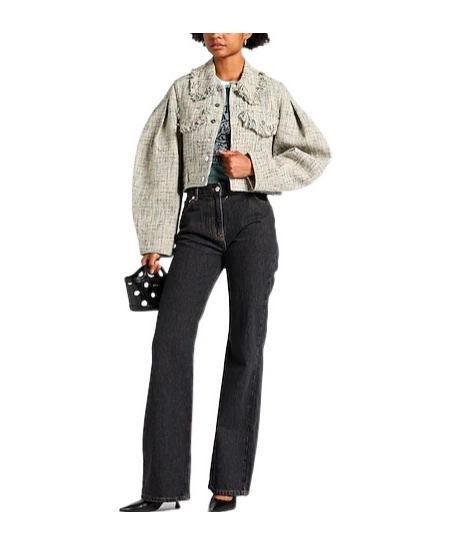 GANNI Tweed Cropped Jacket With Fringe Detail - Nude