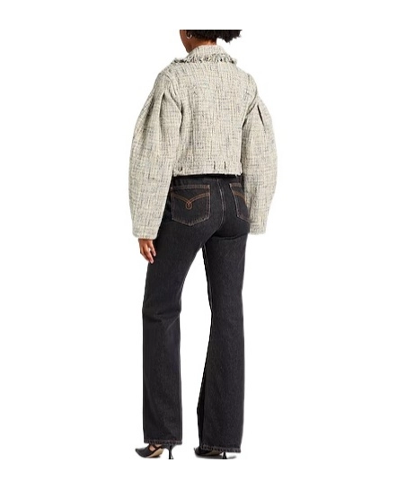 GANNI Tweed Cropped Jacket With Fringe Detail - Nude