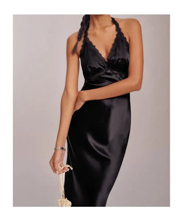 REFORMATION Nora Dress Sleeveless Halterneck Lace Trim Maxi Dress