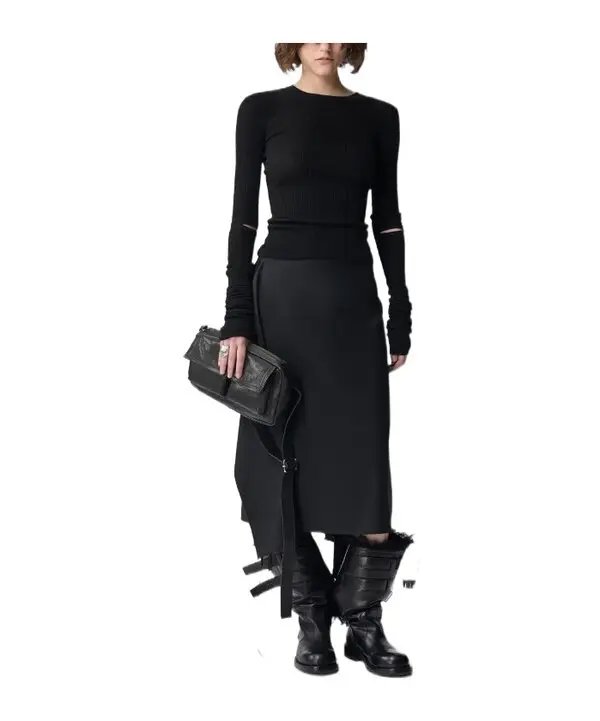 ANN DEMEULEMEESTER Merino Wool Ribbed Knit Crew Neck Long Sleeve Top With Cutout Details