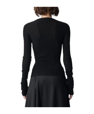 ANN DEMEULEMEESTER Merino Wool Ribbed Knit Crew Neck Long Sleeve Top With Cutout Details