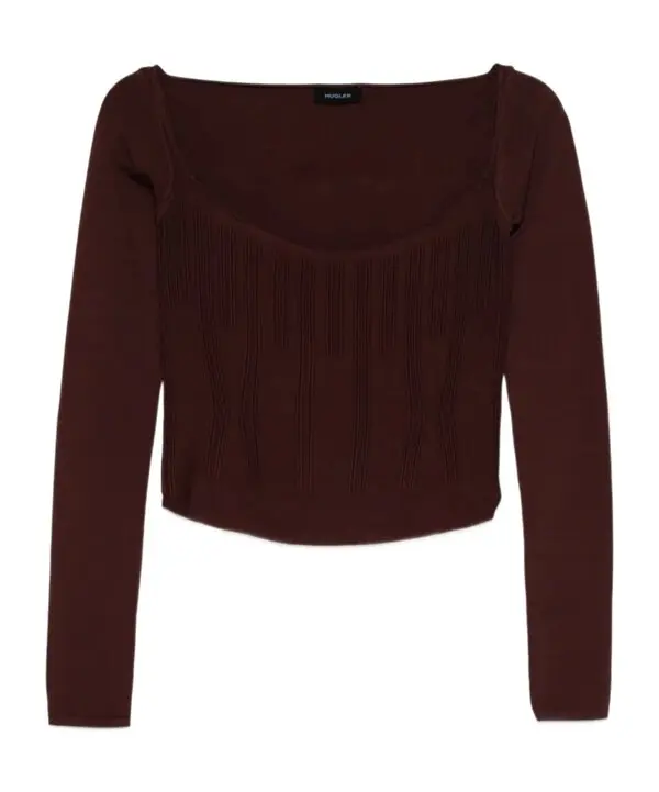 MUGLER Square-neck Ribbed Long-sleeve Top