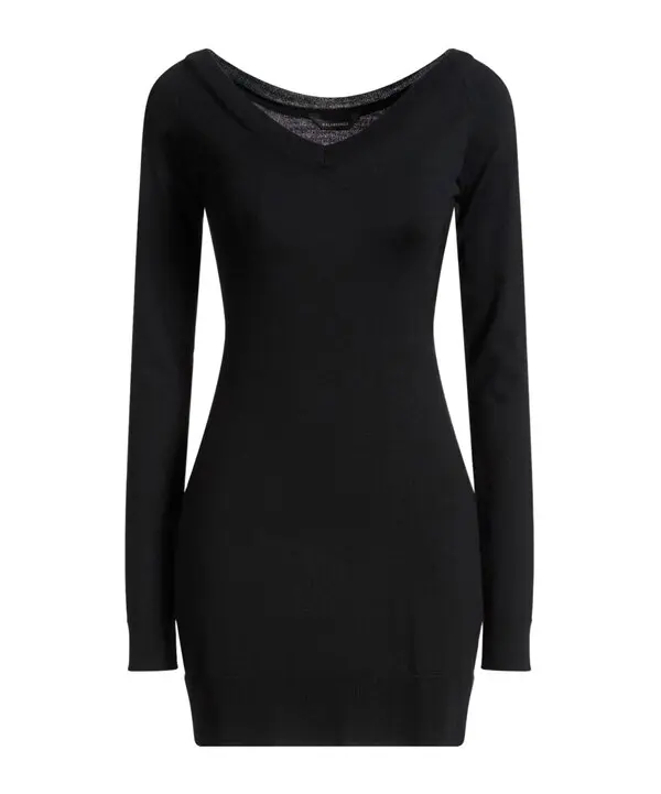 Balenciaga Ribbed V-neck Long Sleeve Knit Mini Dress