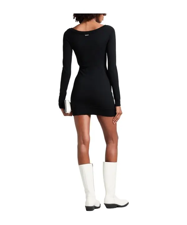 Balenciaga Ribbed V-neck Long Sleeve Knit Mini Dress