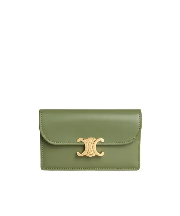 Celine Long Card Holder With Flap Triomphe In Shiny Calfskin - Light Khaki