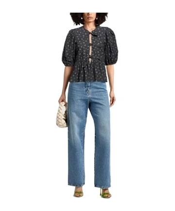 GANNI Floral Puff Sleeve Cropped Top - Black