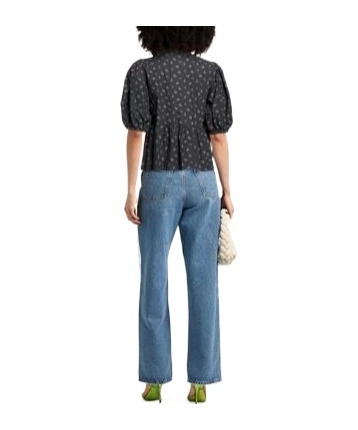 GANNI Floral Puff Sleeve Cropped Top - Black