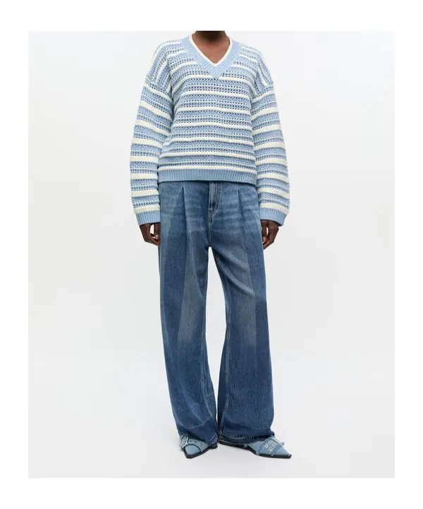 GANNI Striped Cotton V-neck Jumper