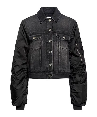 GANNI Denim Bomber Jacket With Ruched Sleeves - Black