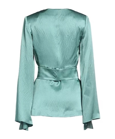 Max Mara Satin V-neck Top With Belted Waist And Flared Sleeves