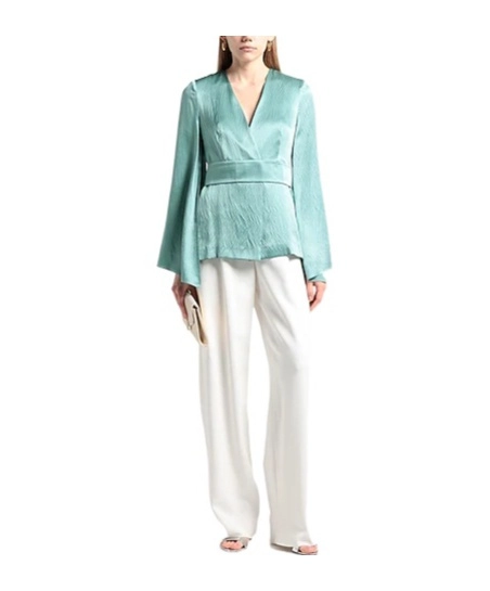 Max Mara Satin V-neck Top With Belted Waist And Flared Sleeves